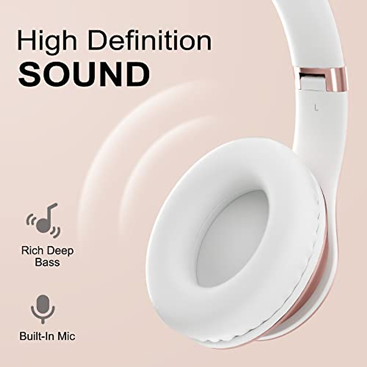 Glynzak Wireless Bluetooth Headphones Over Ear 65H Playtime HiFi Stereo Headset with Microphone and 6EQ Modes Foldable Bluetooth V5.3 Headphones for Travel Smartphone Computer Laptop Rose Gold