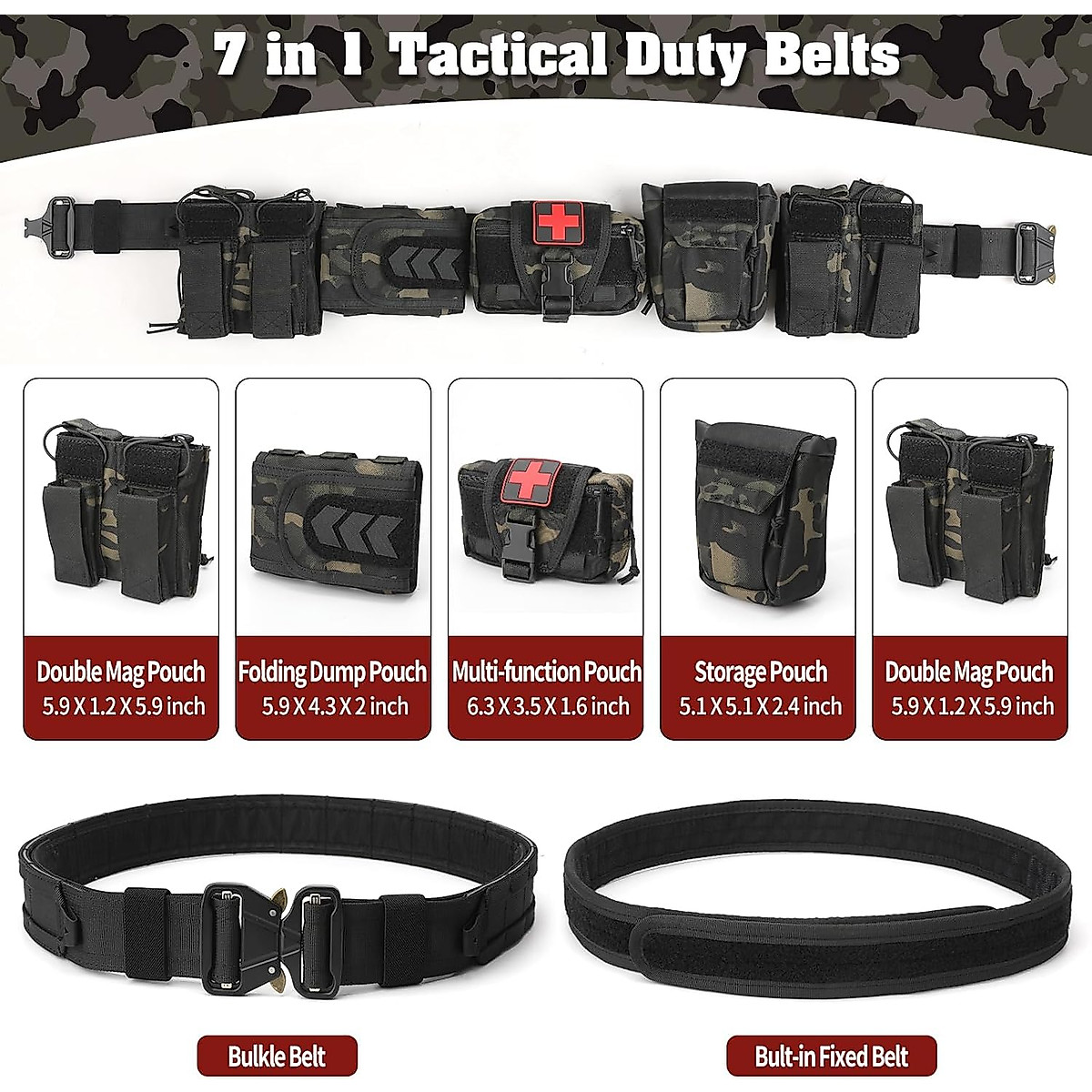 BOMTURN Battle Belt Tactical Belt with Accessories: Duty Belts Law Enforcement Combat Airsoft Police Belts with Pouches 7pcs