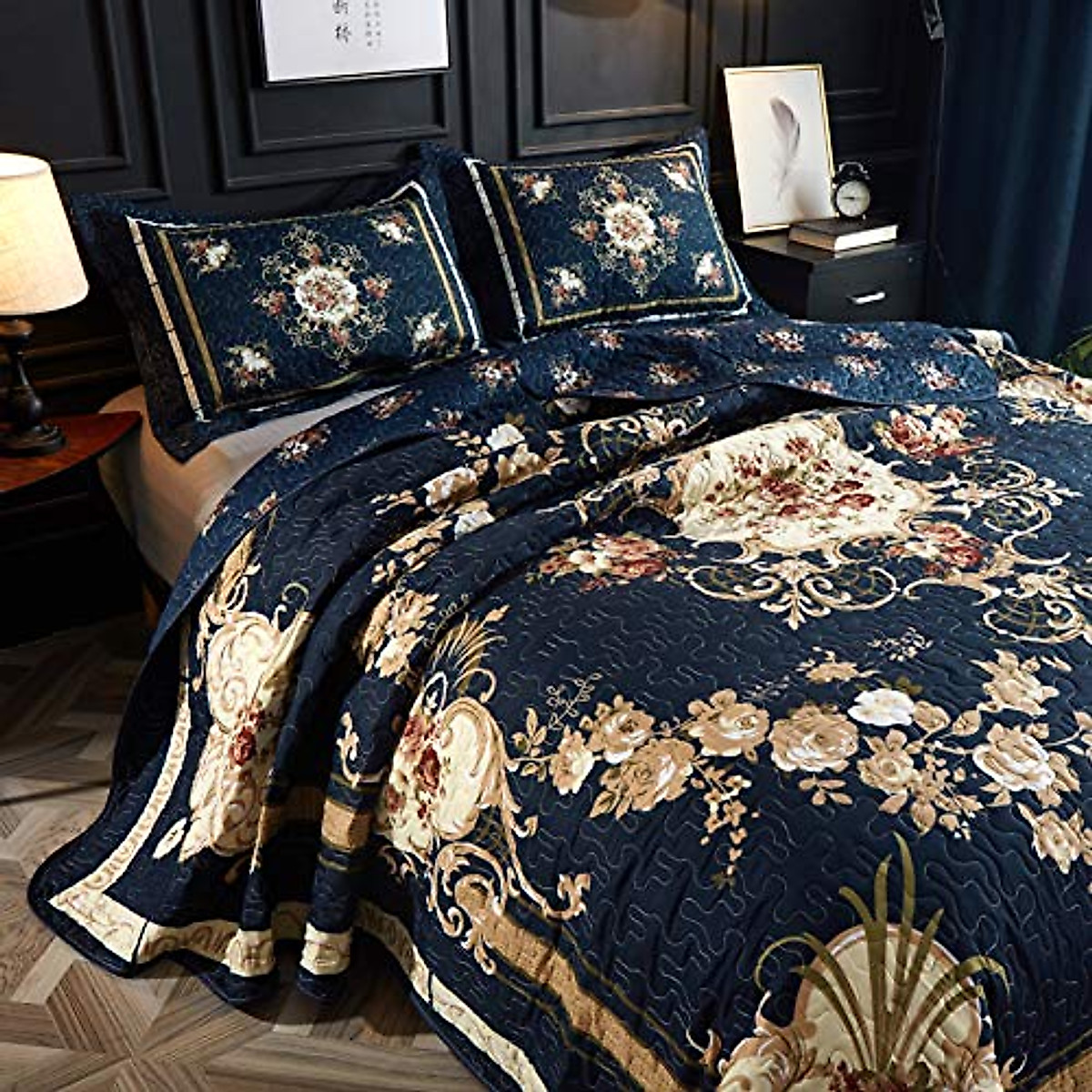 LAMEJOR Quilt Set Queen Size Retro Floral Pattern Medallion Style 3-Piece Reversible Luxury Soft Comforter Set Bedspread Coverlet Set Microfiber Dark Blue