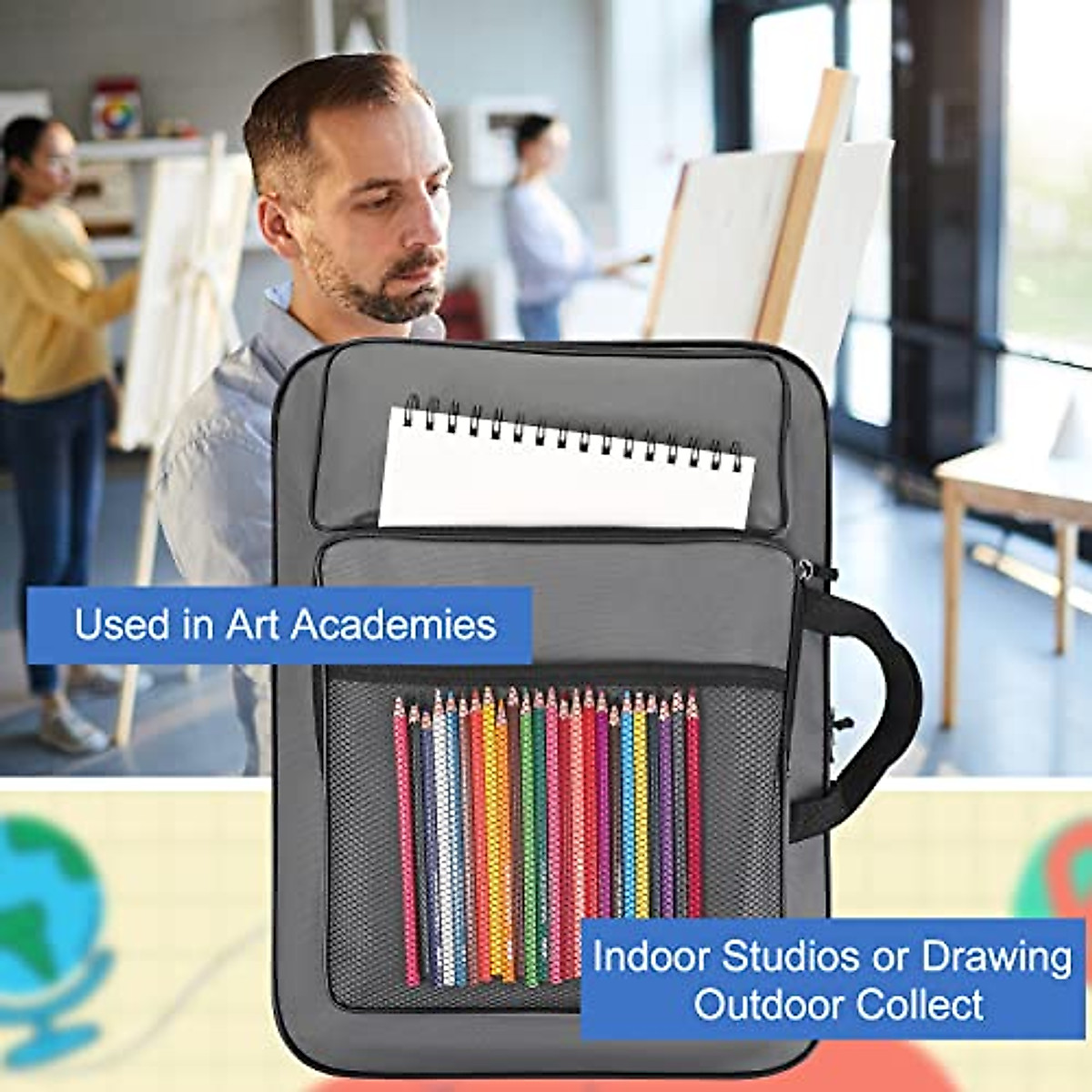 2 Pcs Art Portfolio Case, Art Portfolio Bag 16 x 18 Inch, Art Bag Organizer Backpack with Handle for Kids Artwork Children Drawing Lesson, Sketchbook Drawing Pencil Case Poster Board Project, Gray