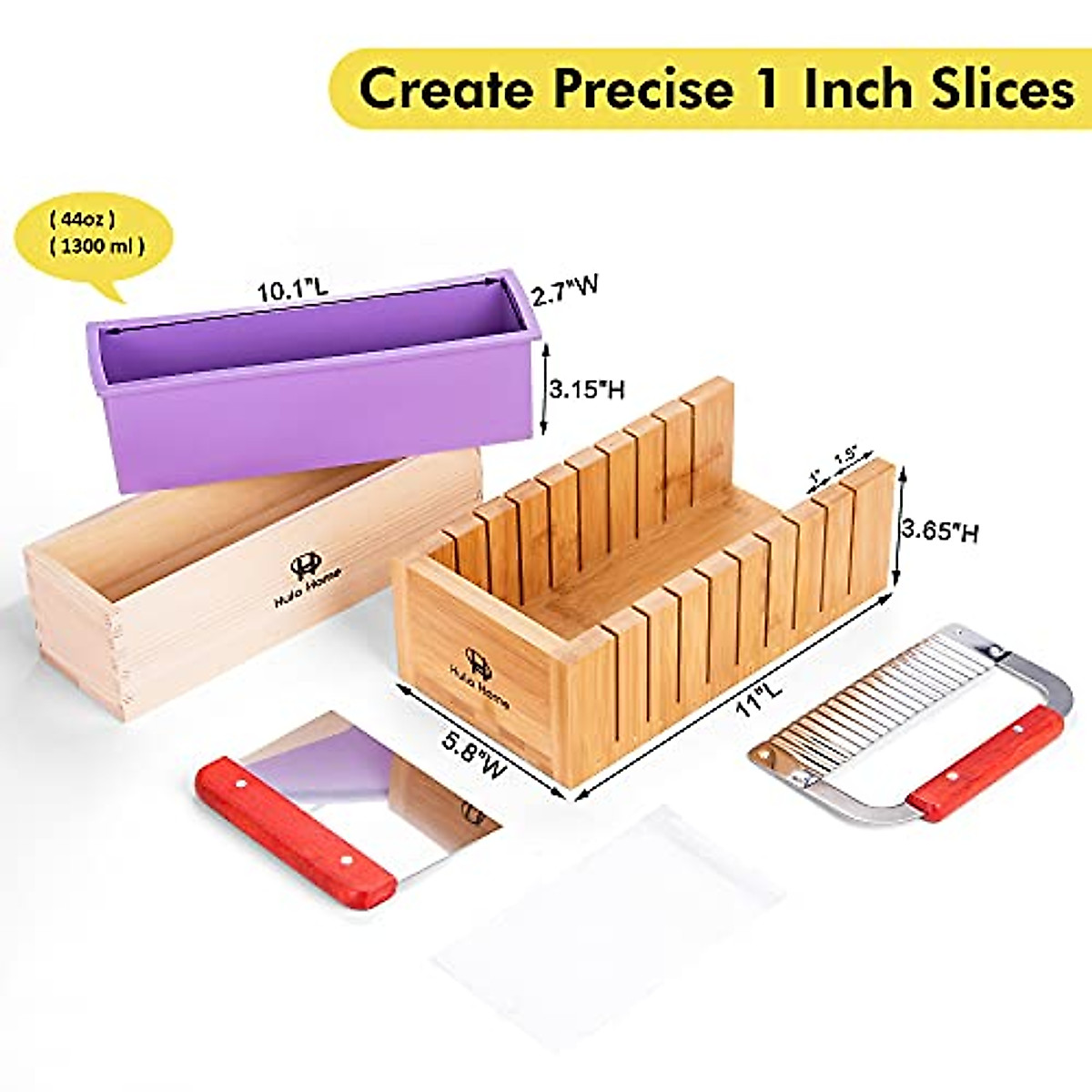 Soap Molds Making Kit with Wooden Cutter Measuring Box (44oz Purple Silicone) | for Adults, Melt and Pour or Cold Process, 100pc Bags, Stainless Steel Wavy & Straight Slicer