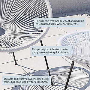 BELLEZE 3 Piece Modern Rattan Patio Bistro Set with Round Chairs and Glass Top Accent Table, Wicker Outdoor Furniture for Backyard or Porch - Acapulco (White)