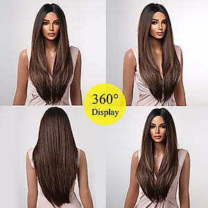 Allbell Brown Wigs for Women Long Straight Layered Natural Hair Wig with Dark Brown Roots Middle Part Synthetic Wig