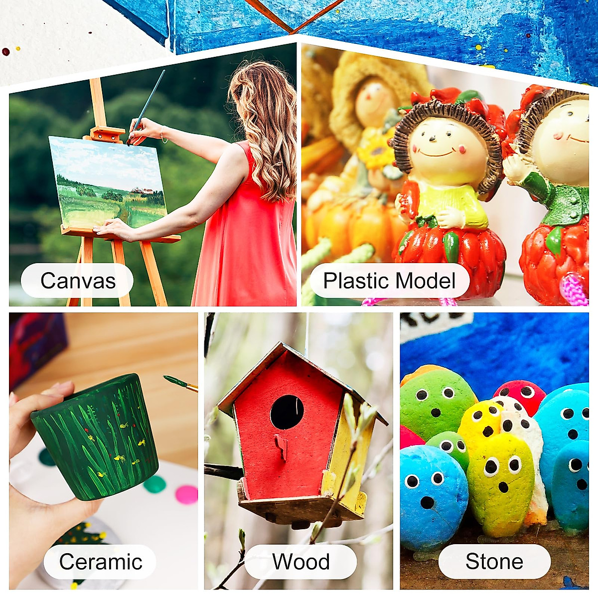 UPGREY 50 Colors Acrylic Paint Set, Non Toxic Art Paints (2fl Oz/60ml Each) With 5 Craft Paint Brushes, Metallic Acrylic Paints Kids Adults for Canvas Crafts Stone Wood Ceramic And Model Painting