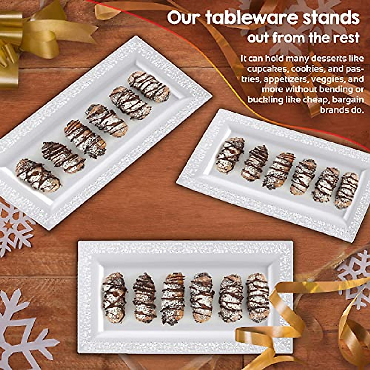 Yumchikel- Serving Tray Plastic for Party, 14" x 7.5" Platters for Serving Food, White Food Tray for Snacks, Food, Cookies, Set of 4, BPA Free