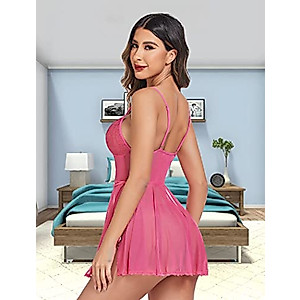 Avidlove Lace Lingrie Women V Neck Babydoll Strap Chemise Sexy Sleepwear Nighgown Side Spilt Nightwear Boudior Nighty Rose Red