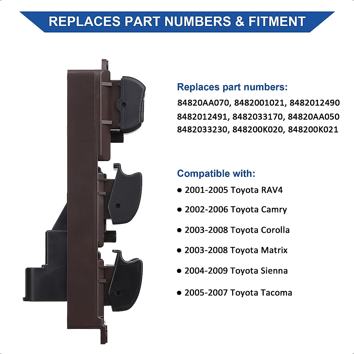 84820AA070 Driver Side Power Window Switch, Compatible with 2002-2006 Toyota Camry, 2003-2008 Corolla/Matrix, 2004-2009 Sienna, 2005-2007 Tacoma, 2004-2006 Scion xA/xB, Replace 84820AA050,8482001021