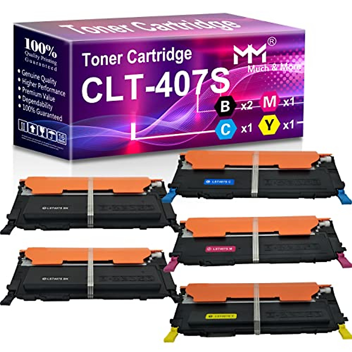 MM MUCH & MORE Compatible Toner Cartridge Replacement for Samsung 407S 409S CLT-407S use with CLX-3185FW 3185N CLP-320N CLP-321N CLP-325W Printers (5-Pack, 2 Black + Cyan + Magenta + Yellow)