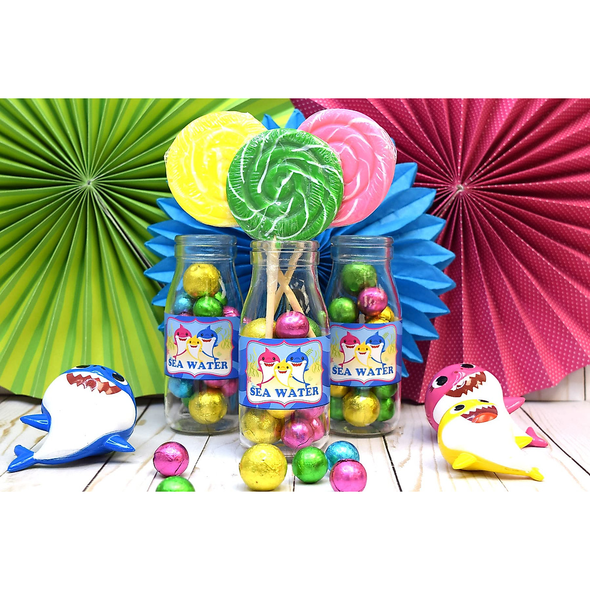 Little Shark Baby Sea Birthday Themed Waterproof Water Bottle Sticker Wrappers 20 Wrap Around Labels Sized 1.75" x 8.5" by AmandaCreation