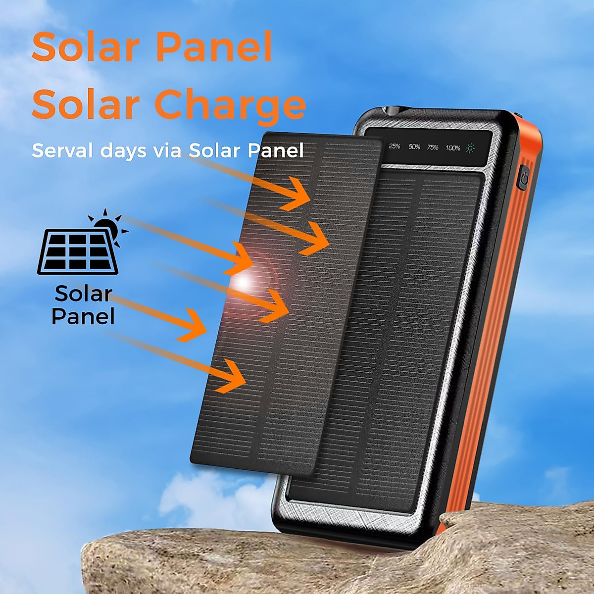 Outdoor Solar Portable Power Bank with Wireless Charging, Built-in Charging Cables, 10000mAh Battery, IP65 Waterproof, Dustproof, Digital Power Indicator, LED Flashlight, High Conversion Efficiency