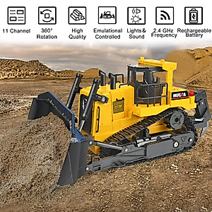 11 Channel Remote Control Bulldozer, 1/16 Scale 2.4Ghz Full Functional Construction Vehicle, Rc Bulldozer Toys with Lights and Sounds for 6 7 8 9 10+ Years Old