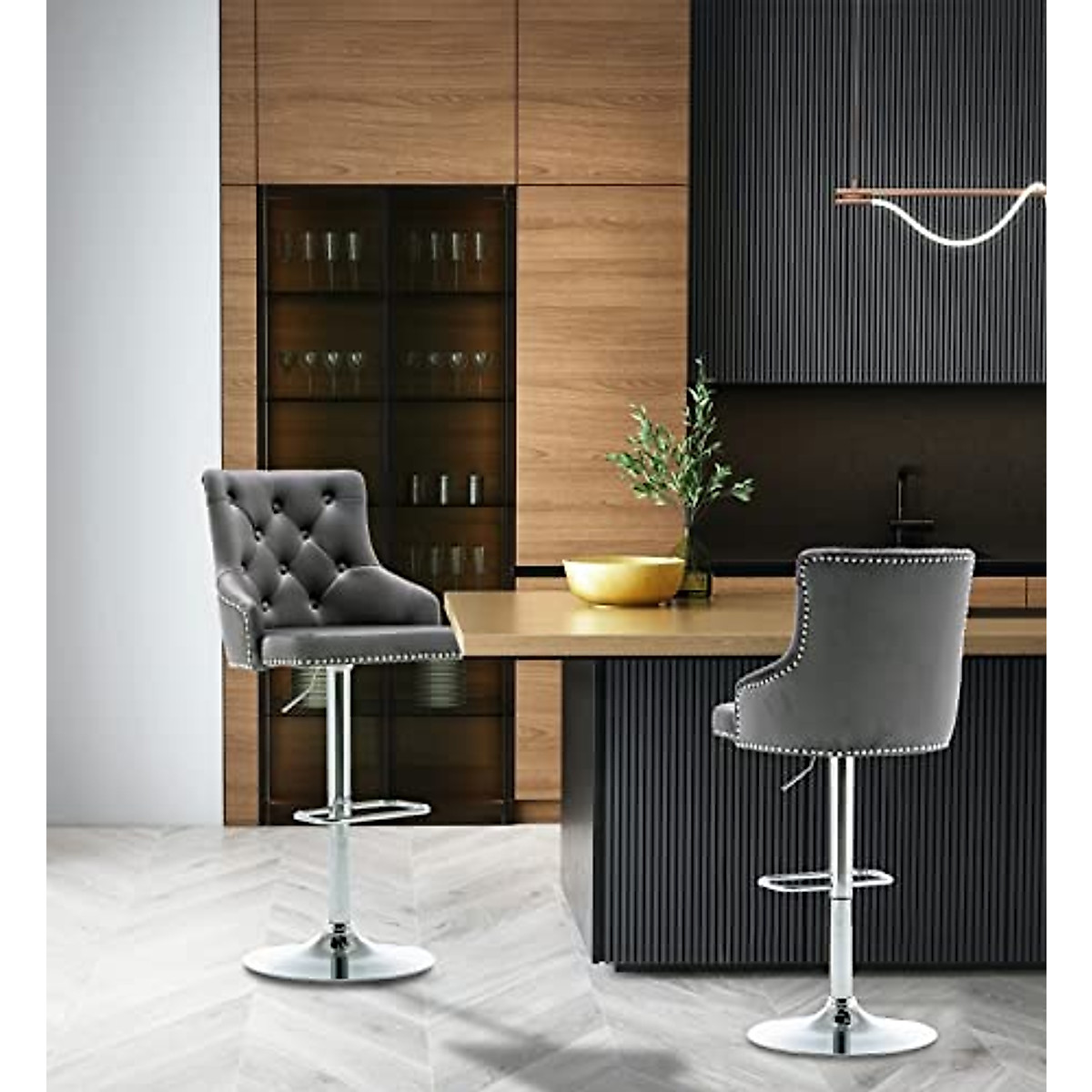 BTEXPERT Set of 2 Premium upholstered Dining 25" - 33" Adjustable High Back Stool Bar Chairs, Gray Tufted Nailhead Trim, (5153GR-2)