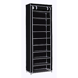 Homebi 10-Tier Shoe Rack 30 Pairs Shoe Tower Closet Shoes Storage Cabinet Portable Boot Organizer with Dustproof Non-Woven Fabric Cover and 10 Durable Shelves (Black) (Black)