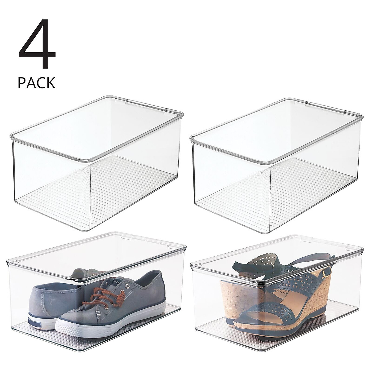 mDesign Stackable Plastic Closet Storage Container Bin Box with Hinge Lid for Organizing Shoes, Booties, Pumps, Sandals, Wedges, Flats, Heels - Lumiere Collection - 4 Pack - Clear