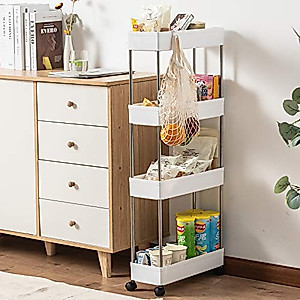 Home-Man 4 Tier Gap Slim Storage Cart Mobile Shelving Unit Organizer Slide Out Pantry Storage Rolling Utility Cart Tower Rack for Kitchen Bathroom Laundry Narrow Places, White (4 Tier)