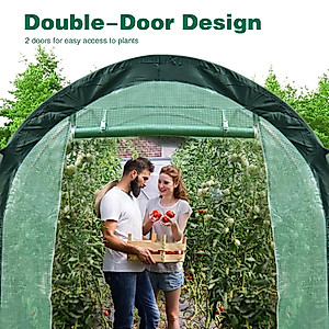Aoodor 12 x 7 x 7ft. Portable Walk-in Tunnel Greenhouse, Large Heavy Duty Gardening Plant House with 2 Zippered Doors 6 Screen Windows for Backyard, Outdoor - Green