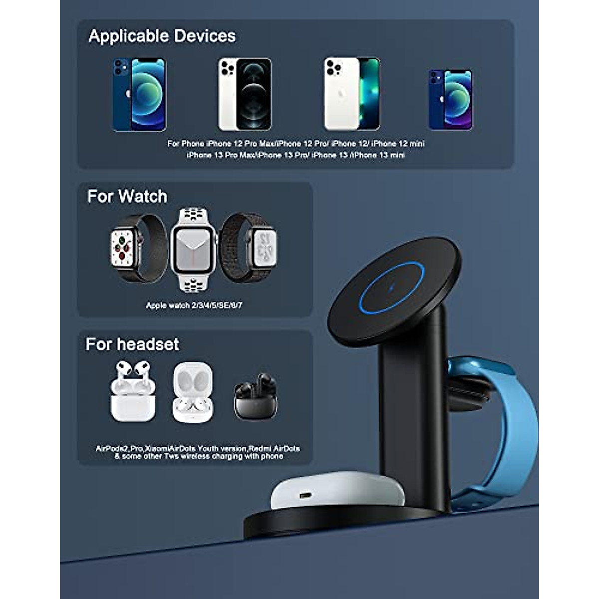 3 in 1 Magnetic Wireless Charger, Aluminum Alloy 15W Fast Wireless Charging Station for iPhone 13/12,Pro,Pro Max,Mini, MagSafe Charger Stand Dock for Apple AirPods 3/2/Pro, Apple Watch 7/SE/6/5/4/3/2