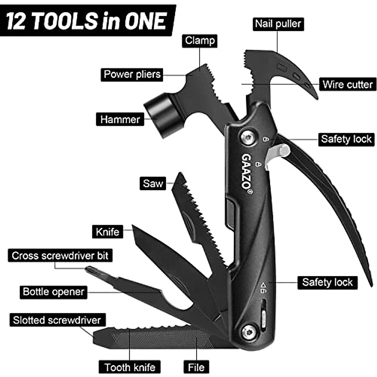 Multitool Camping Accessories, Stocking Stuffers for Men and Women, 12 in 1 Claw Hammer with Pliers Knife Saw, Screwdrivers Bottle Opener, Outdoor activities