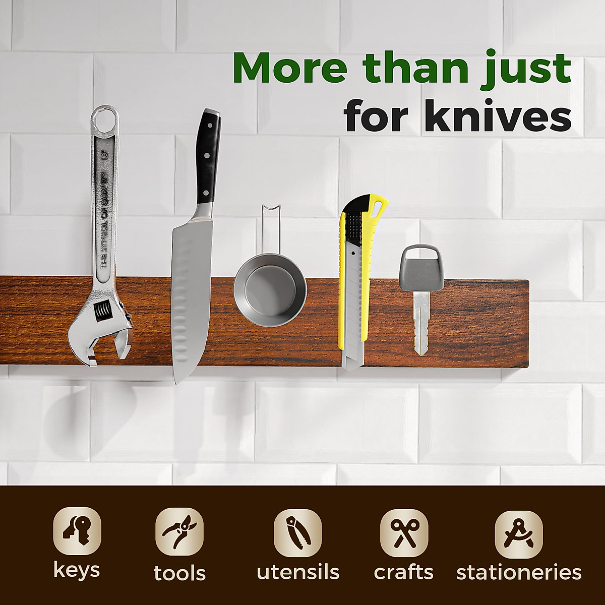 Utoplike Teak Magnetic Knife Strip, Magnet Knife Holder 15" Wall Mounted with Strong Continuous Magnet, No Drilling Required, Organizes Knives, Keys, Utensils for Kitchen