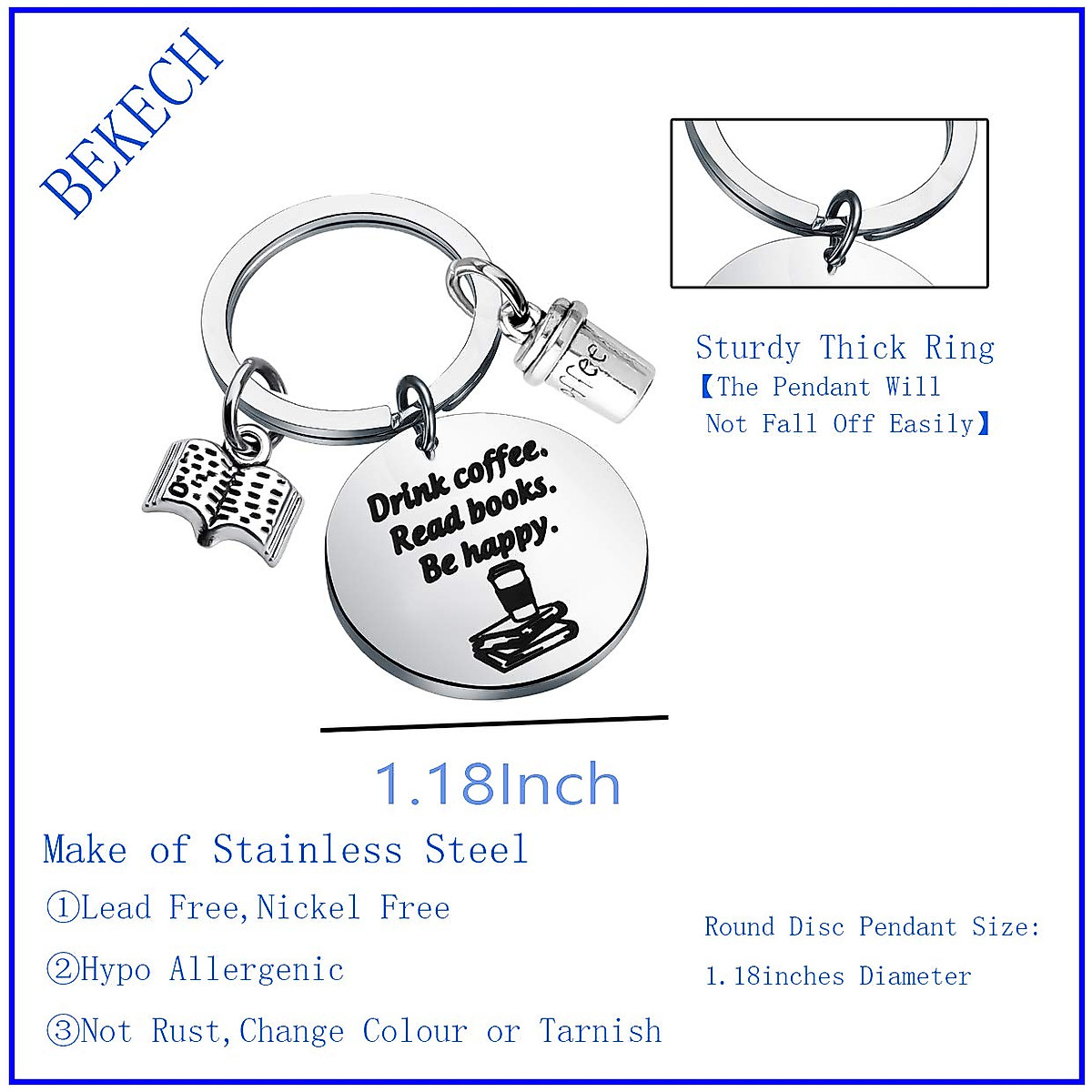 BEKECH Book Lovers Gift Coffee Lovers Gift Drink Coffee Read Books Be Happy Keychain Gift for Reading Lovers Bookworms Reader Book Club Gift Librarian Gift (silver)