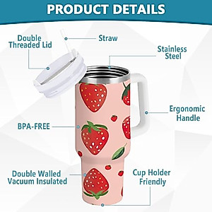 Jihqo Cute Strawberry 40 oz Stainless Steel Vacuum Insulated Tumbler with Handle and Straw Lid, Leakproof Water Bottle Double Wall Travel Mug Coffee Cup, Cupholder Friendly