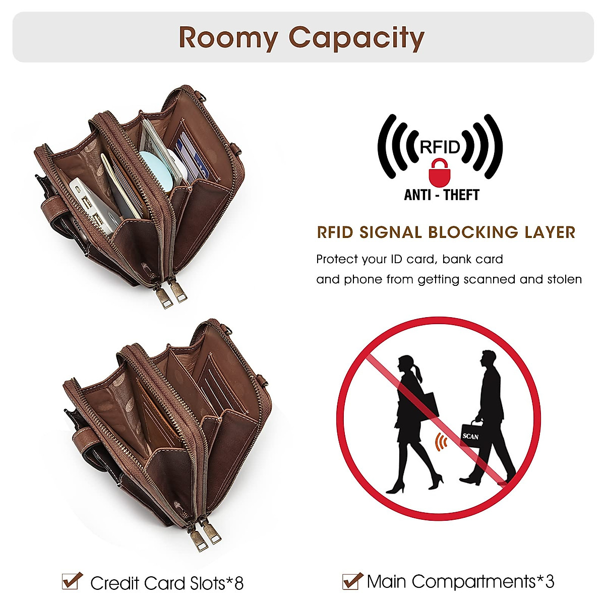 Kattee Women Small Crossbody Cell Phone Purse Wristlet Wallets RFID Blocking Faux Leather Clutch Wallets Shoulder Phone Bag