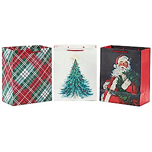 Hallmark 13" Large Christmas Gift Bag Set (3 Bags: Traditional Santa, Red and Green Plaid, Christmas Tree) for Friends, Family, Teachers, Coworkers