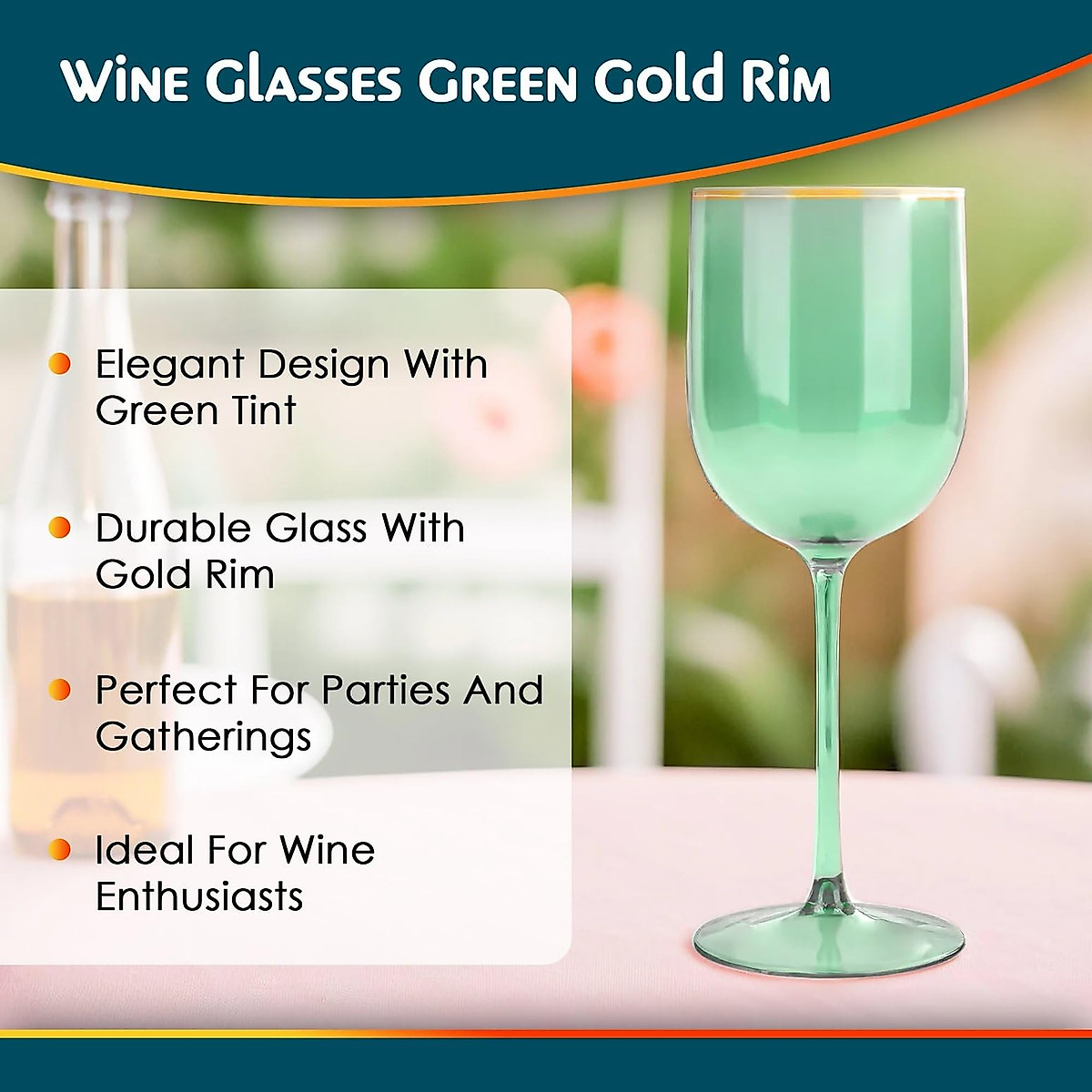 Blue Sky Green Plastic Wine Glasses With Gold Rim - 12oz (5-Pack) Reusable, Disposable Cups for Parties and Events