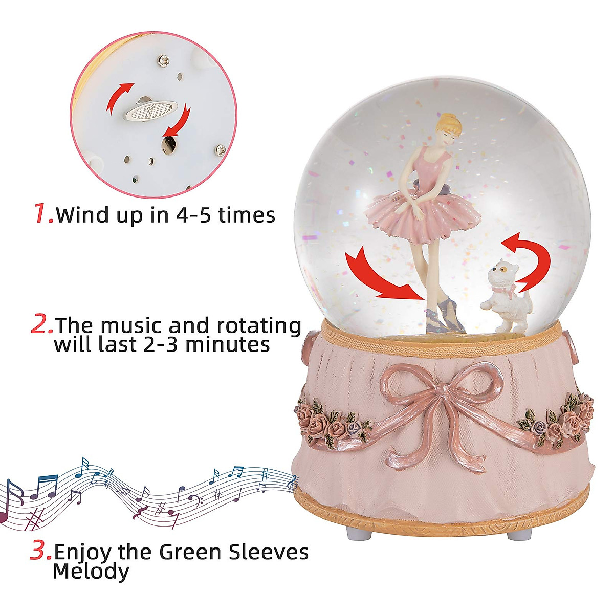 Dreameizor Ballerina Snow Globe, Plays Traditional Music Greensleeves, Rotating and Mechanical Real Glass Snowglobe Gift for Adult Women, Wife, Daughter and Granddaughter, Gift Box Packed