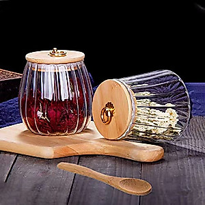 WEIRUIFANZHI 2 Pack Small Glass Coffee Jars set Canister with Bamboo Lid&spoon Petal Decorative Container with Metal Handle&scoop Airtight Storage jar Easy to Grasp for Nuts,Tea,Candy,Cookies(23.7OZ)