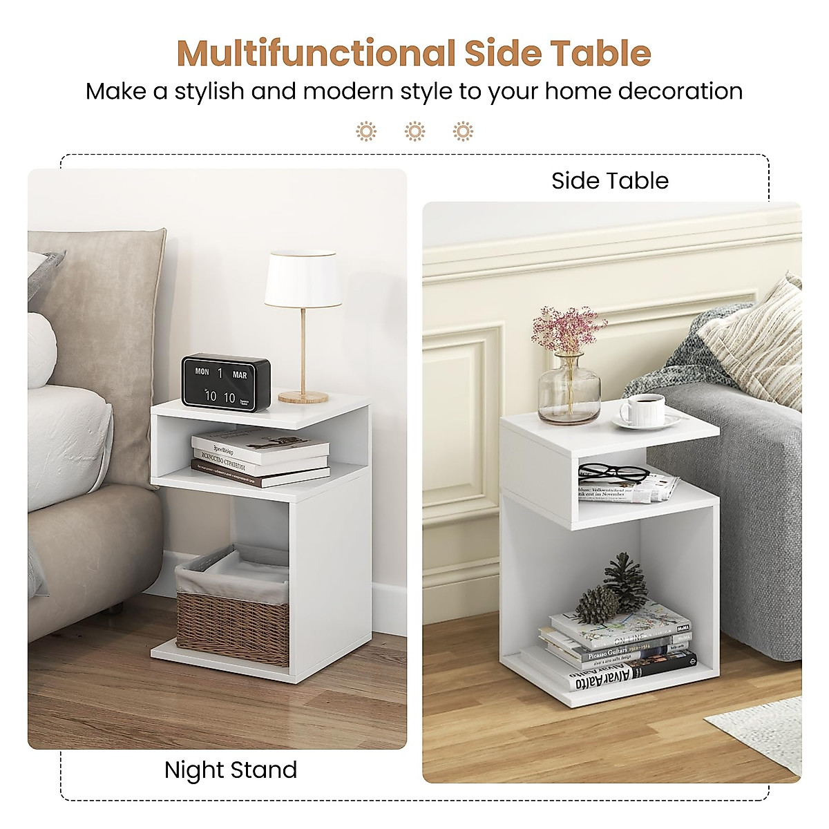 Giantex 3-Tier Side Table Set of 2, S-Shaped End Table with 2 Open Storage Compartments, Wood Narrow Bedside Table, Modern Nightstand for Bedroom, Living Room, Small Spaces, Easy Assembly, White