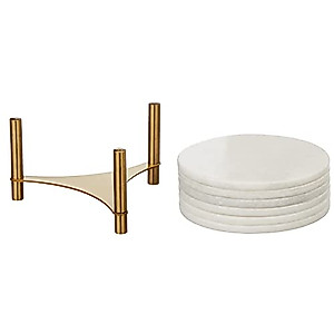 Queenza Marble Coasters for Drinks, Set of 6 Coasters with Holder, Pearl White Marble Coasters 3.5 Inch Wide 5 mm Thick Gold Coasters For Drinks, Both Side Polish For Scratch Free Surface Coaster Set