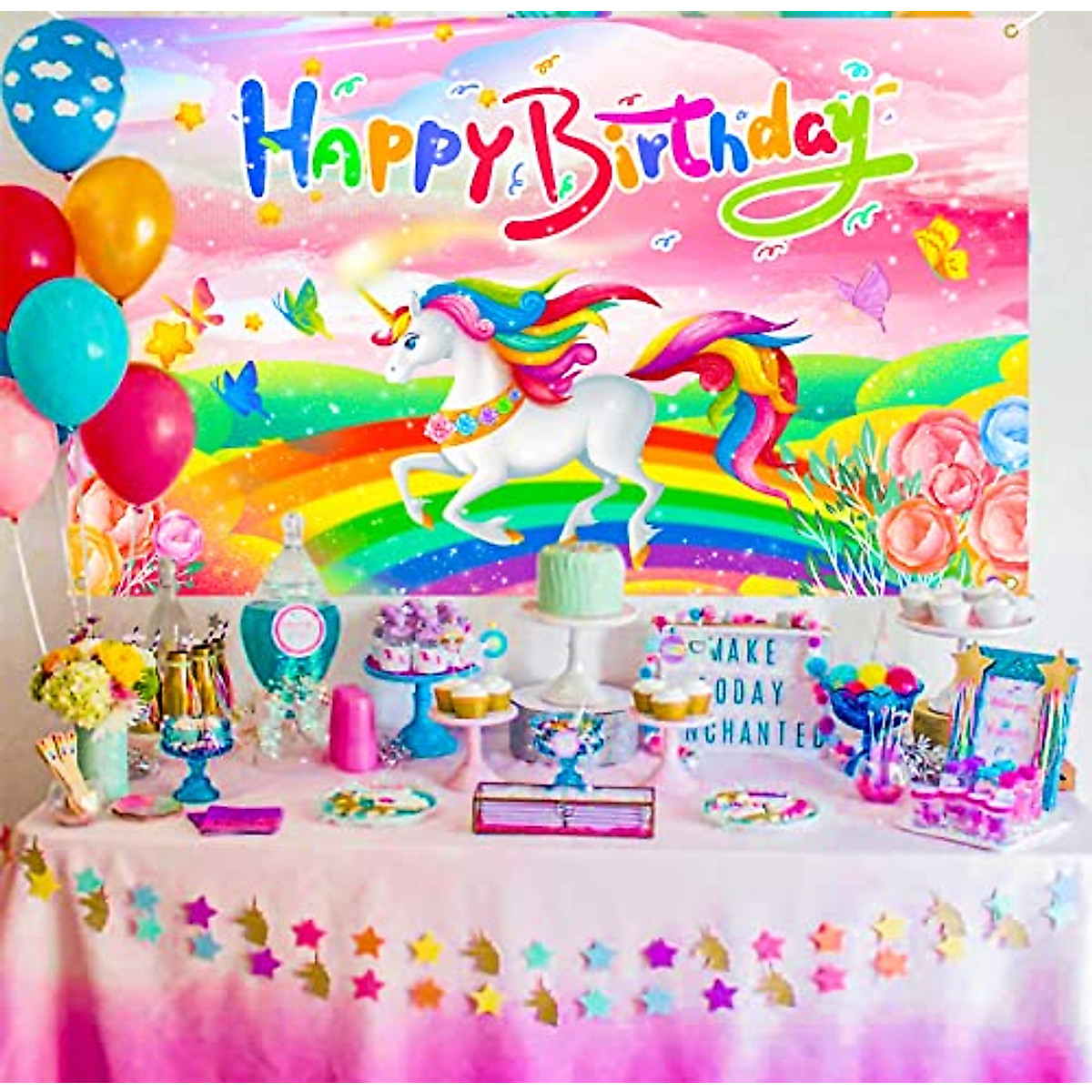 Ufocusmi Rainbow Unicorn Happy Birthday Backdrop, Unicorn Birthday Decorations for Girls, Unicorn Themed Party Background Banner 6x3.6 Feet