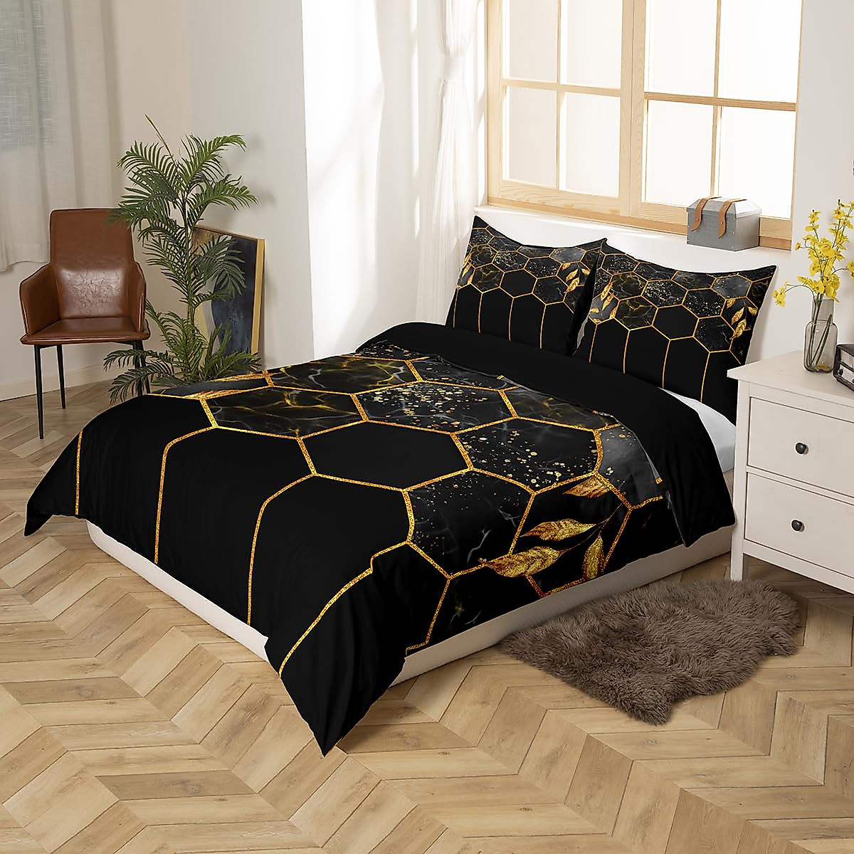 Marble Duvet Cover King, Black Grey Geometric Gold Plaid Bedding Set, Modern Luxury Diamond Comforter Cover with Metallic Stripe Printed Beehive Hexagon Grid Quilt Cover with Pillow Shams,Honeycomb
