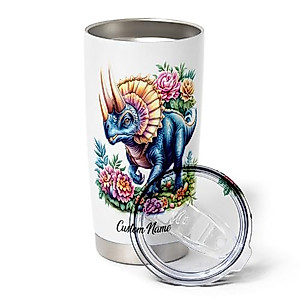 Triceratops Gifts, Personalized Tumbler with Triceratops Dinosaur Animal’s Name – Custom Cup for DinoSaur Lovers, Gift for Women, Men, Gift for Birthdays & Christmas, 20oz Steel Coffee Cup PfrxGT