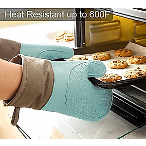Domonic Home Oven Mitts and Pot Holders Sets, Silicone Oven Mitts Heat Resistant 600F, Oven Mitt Set Soft Lining Good Grip, Oven Gloves and Trivet Mats 4 Piece Set, Aqua Sky