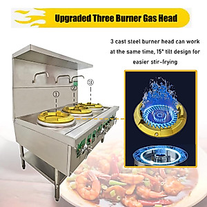 INTSUPERMAI Commercial Gas Wok Stove Commercial Upgraded Three-Burner Gas Stove 85300BTU LPG and Natural Gas Chamber Stove Stainless Steel Chinese Wok Range with Safe Baffle, 3 Stove Heads 110V