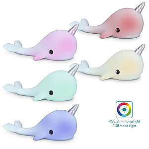 Navaris Narwhal Night Light - Battery Powered Color Changing LED Lamp for Kids, Baby Nursery, Boys, Girls - BPA-Free and Phthalate-Free - Light Blue