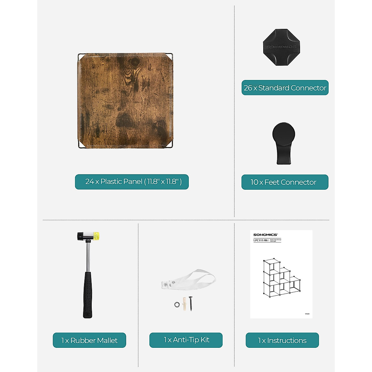 SONGMICS 6 Cube Storage Organizer, DIY Closet Shelf, Plastic Clothes Organizer, Modular Bookcase, 11.8 x 11.8 x 11.8 Inch Cubes, with Feet and Rubber Mallet, Rustic Brown ULPC111A01