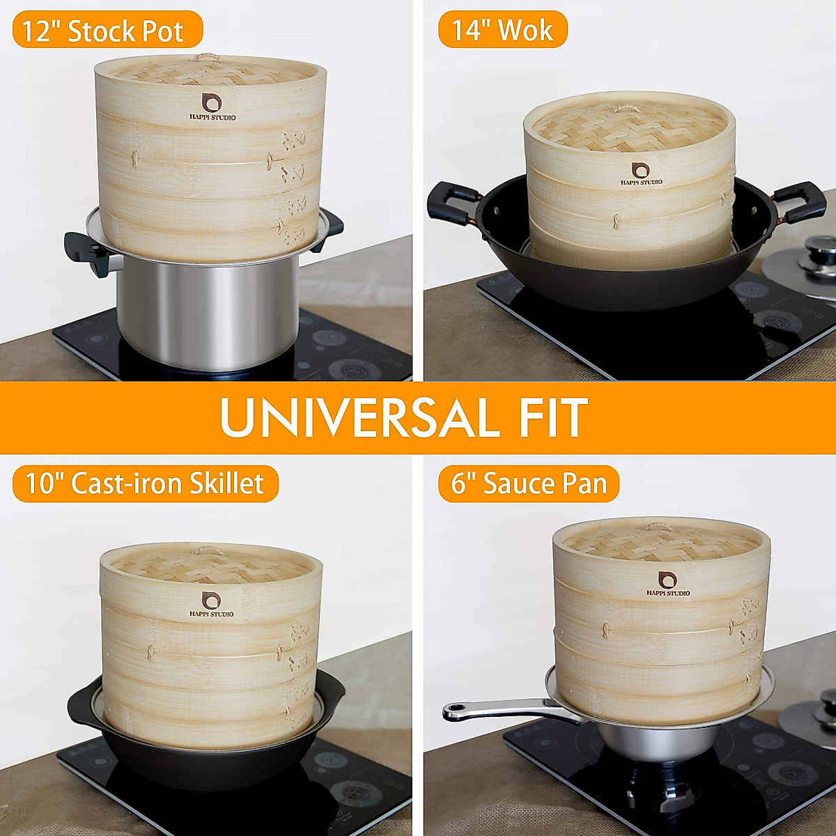 HAPPi STUDIO Bamboo Steamer Basket With Steamer Ring - 10 inch Dumpling Steamer Basket - Large Bamboo Steamer for Cooking Bao Buns, Dim Sum - Chinese Steamer Bamboo Steam Basket - Steaming Basket