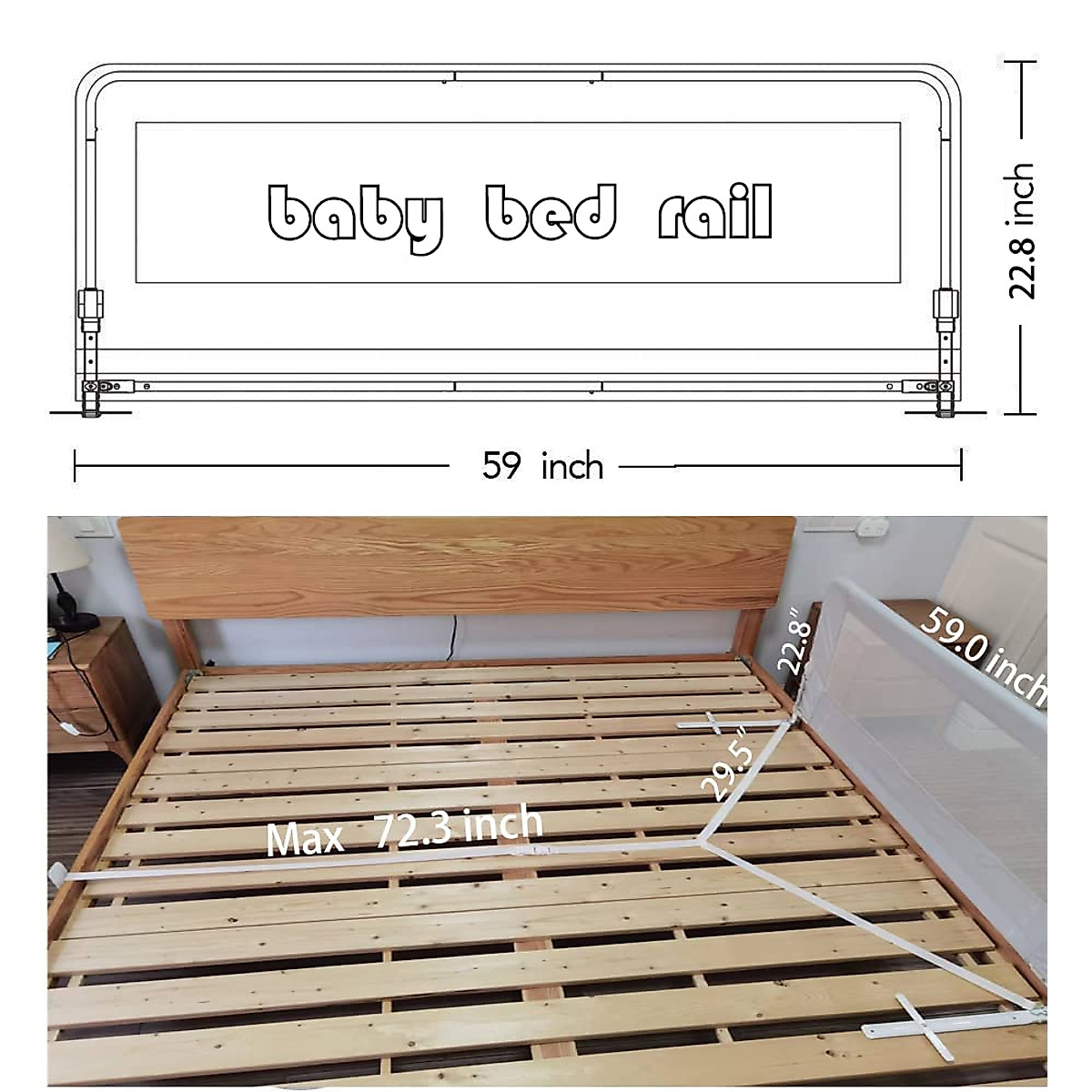 KOOLDOO Baby Toddler Bed Rail 59 inch Guard Extra Long Foldable Tall Safety Bedrail with Reinforced Anchor Safety System, for Full Size Bed, Queen Bed(59" L*22.8" H, Grey)