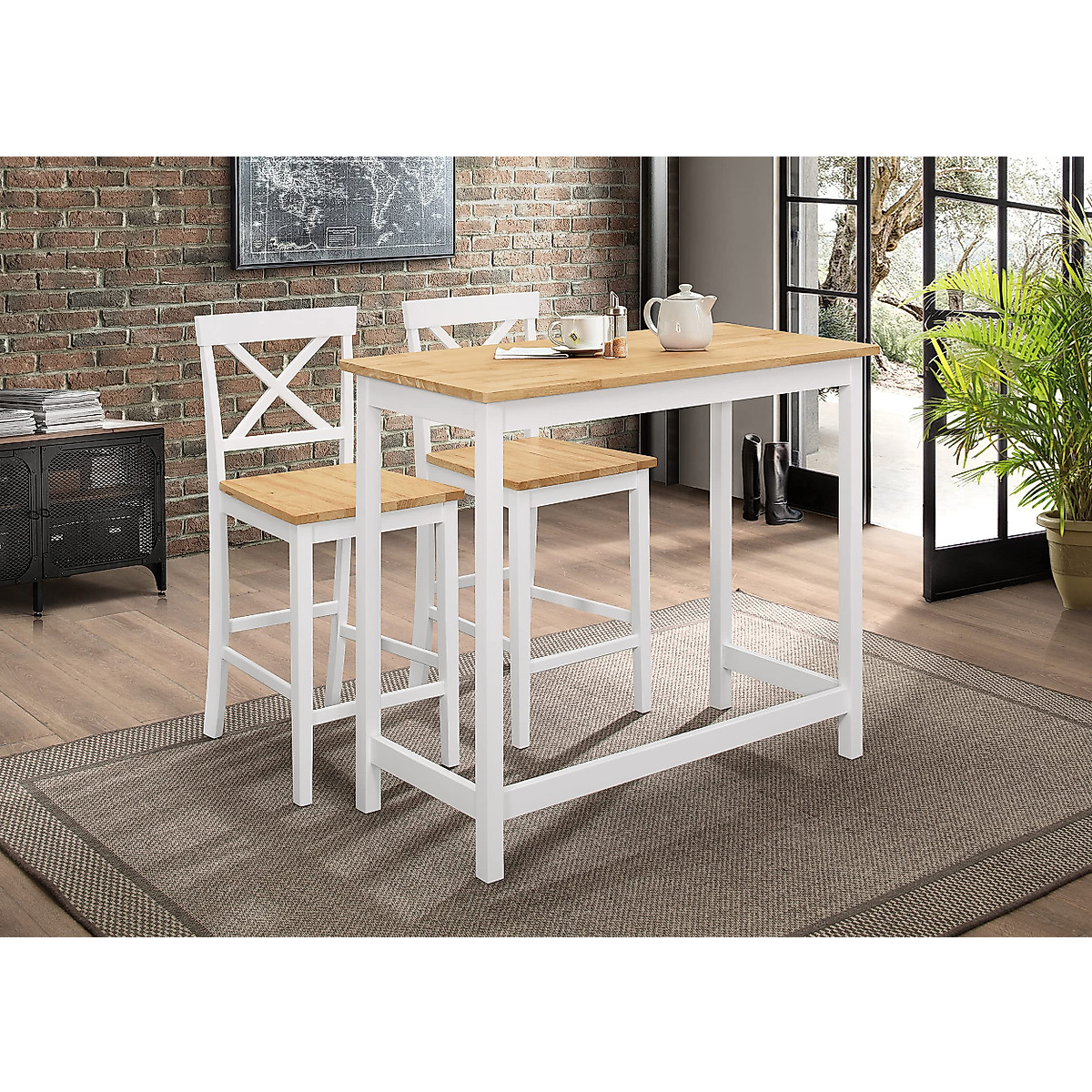 Kings Brand Furniture - 3 Piece Dining Table Set, Counter-Height Bar Breakfast Table with 2 Stools for Living Room Kitchen Small Space Apartment - White