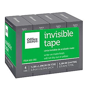 Office Depot Invisible Tape, 3/4in. x 1296in., Pack of 4 Rolls, OD-P4