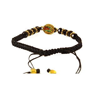 Black String Virgin Mary Black Bead with Golden-Inlay Adjustable Bracelet Protection Prosperity Good Luck Pulsera De La Virgen Maria Color Negro Proteccion Prosperidad Buena Suerte (Black Bead)