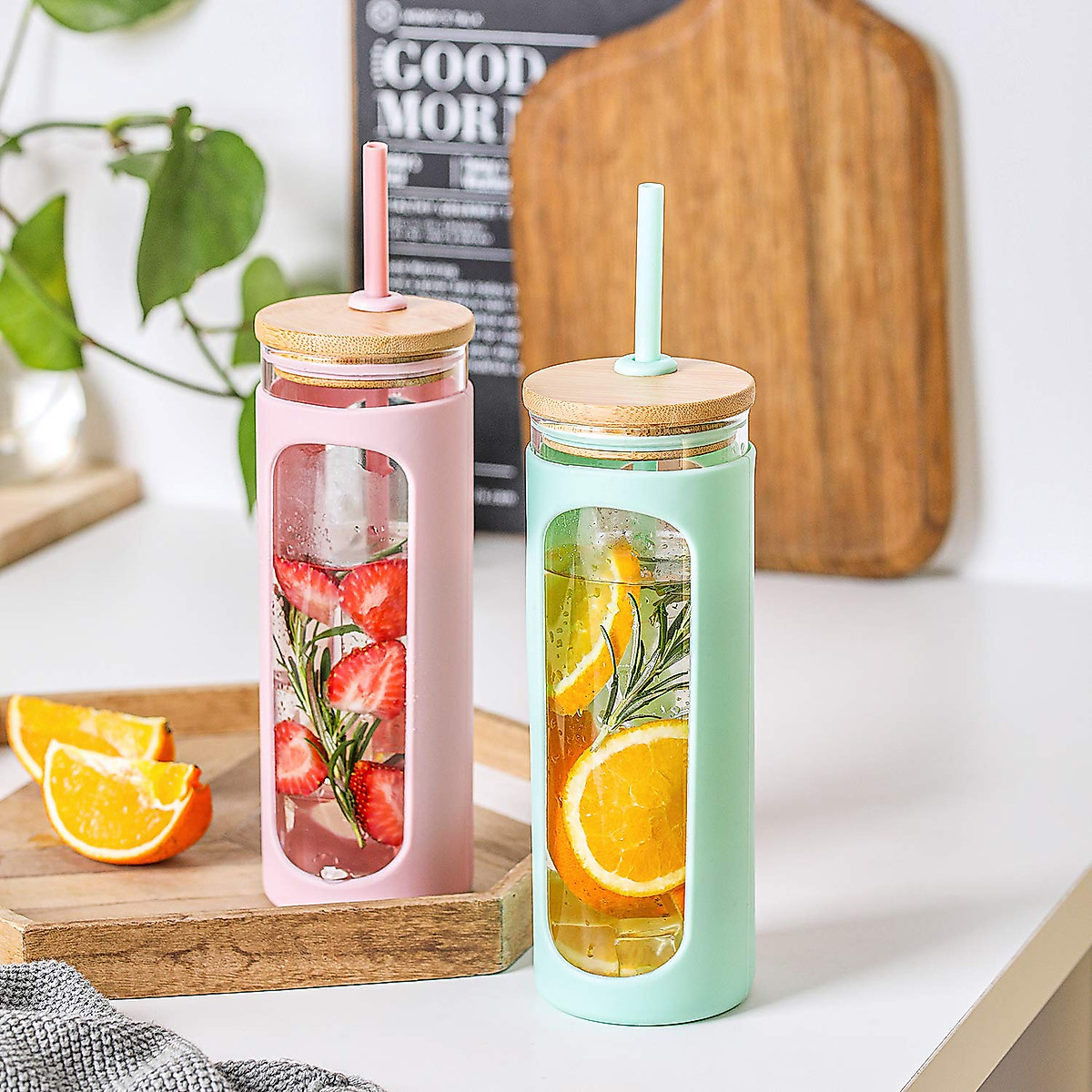 Kodrine 24 oz Glass Water Bottle with Bamboo Straw and Lid, Wide Mouth Water Tumbler,Straw Silicone Protective Sleeve BPA FREE-Pink