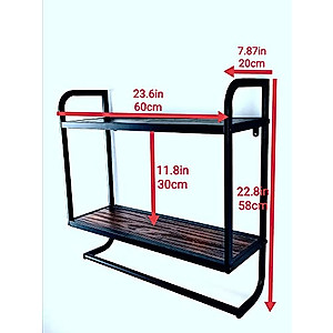 2-Tier Bathroom Shelves Wall Mounted,23.6"L x 7.87"W x 22.8"H, Rustic Wall Shelf Over Toilet,Towel Rack with Towel Bar,Utility Storage Shelf Rack, Floating Shelves Towel Holder,Retro Black
