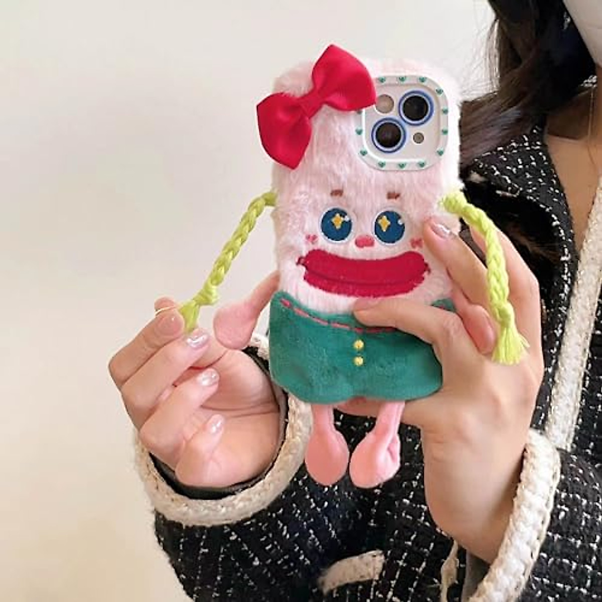 Tewwsdi DIY Braids Funny Phone Case Compatible with iPhone 15 Plus,Cute Doll Plush Furry Winter Fluffy Case,Shockproof Girls Women Kids Case for iPhone 15 Plus 6.7inch(Green Braids)