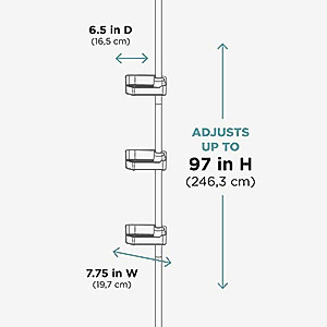 Zenna Home Tension Pole Shower Caddy, 3 Basket Shelves, Adjustable, 60 to 97 Inch, White