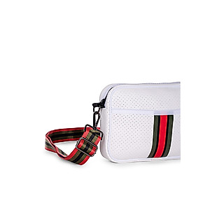 Haute Shore - Drew Trento Crossbody,White Coated W/Olive,Black,& Red Stripe