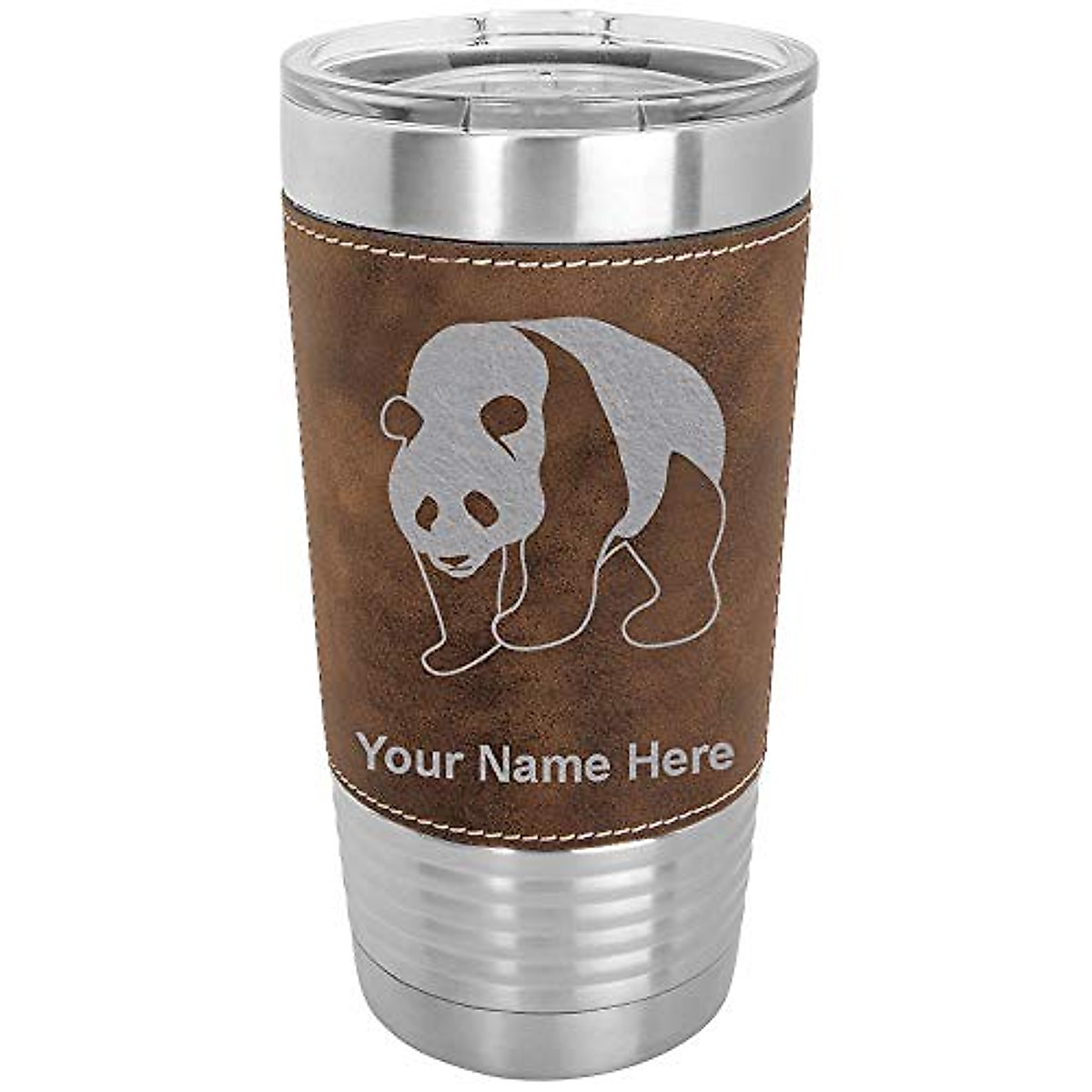 LaserGram 20oz Vacuum Insulated Tumbler Mug, Panda Bear, Personalized Engraving Included (Faux Leather, Rustic)